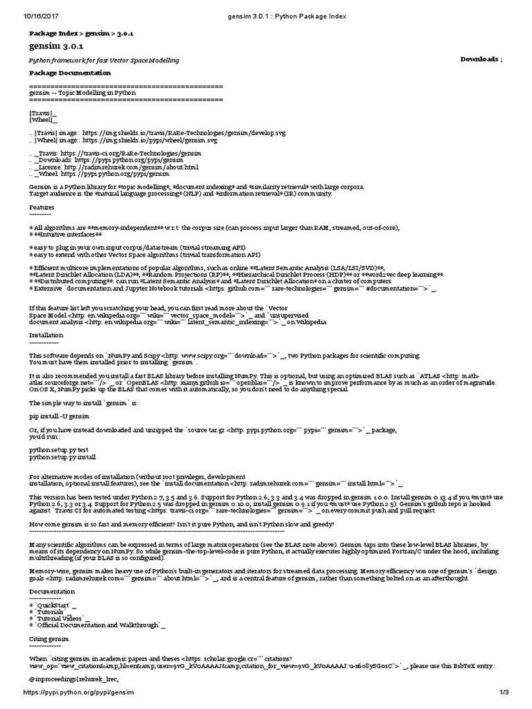 Gensim 301 Python Framework For Fast Vector Space Modelling Pdf Python Programming 