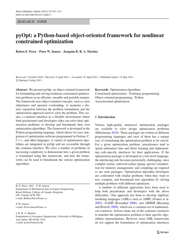Pyopt A Python Based Object Oriented Framework For Nonlinear Constrained Optimization Pdf