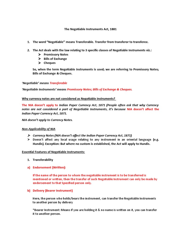 Unacademy Notes - NIA 1881 | PDF | Negotiable Instrument | Cheque
