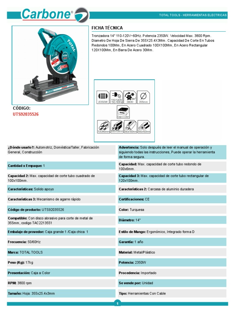 Ficha Técnica Tronzadora 14" Total Tools | PDF | Acero | Bienes ...