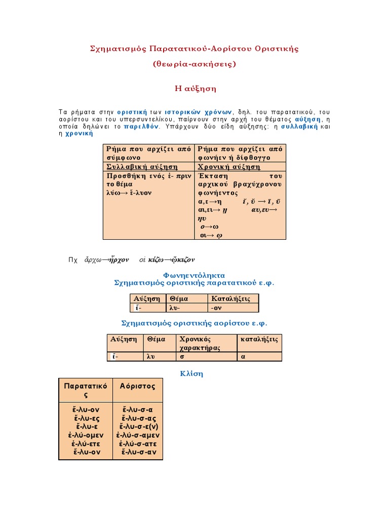 ΠΑΡΑΤΑΤΙΚΟΣ - ΑΟΡΙΣΤΟΣ ΟΡΙΣΤΙΚΗ Ε.Φ. | PDF