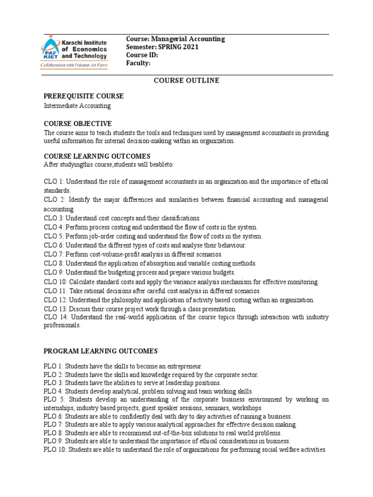 Managerial Accounting: Course: Semester: SPRING 2021 Course ID: Faculty ...