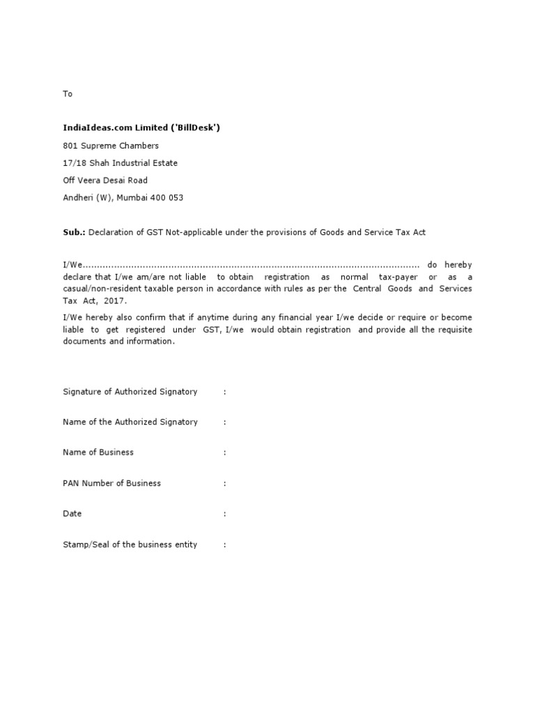 GST Not-Applicable Declaration Format | PDF