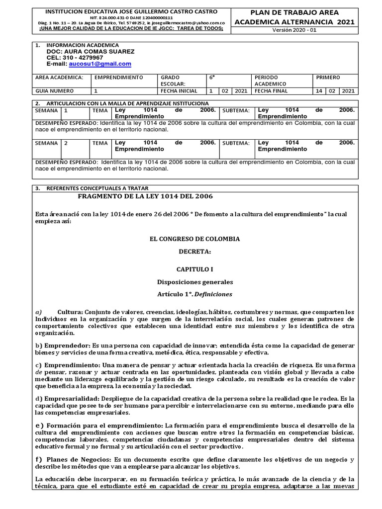 Guias de Emprendimiento Grado 6° # 1. 2021 Aura Comas | PDF ...