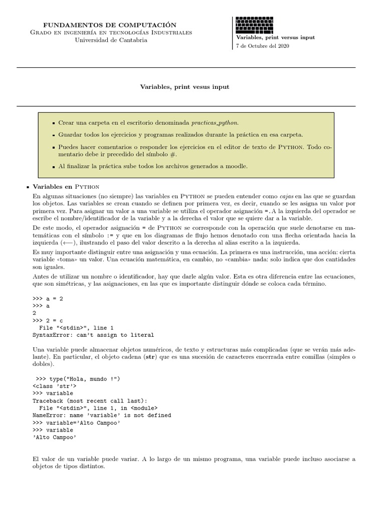 Variables Print Input | PDF | Python (lenguaje de programación) | Variable (informática)