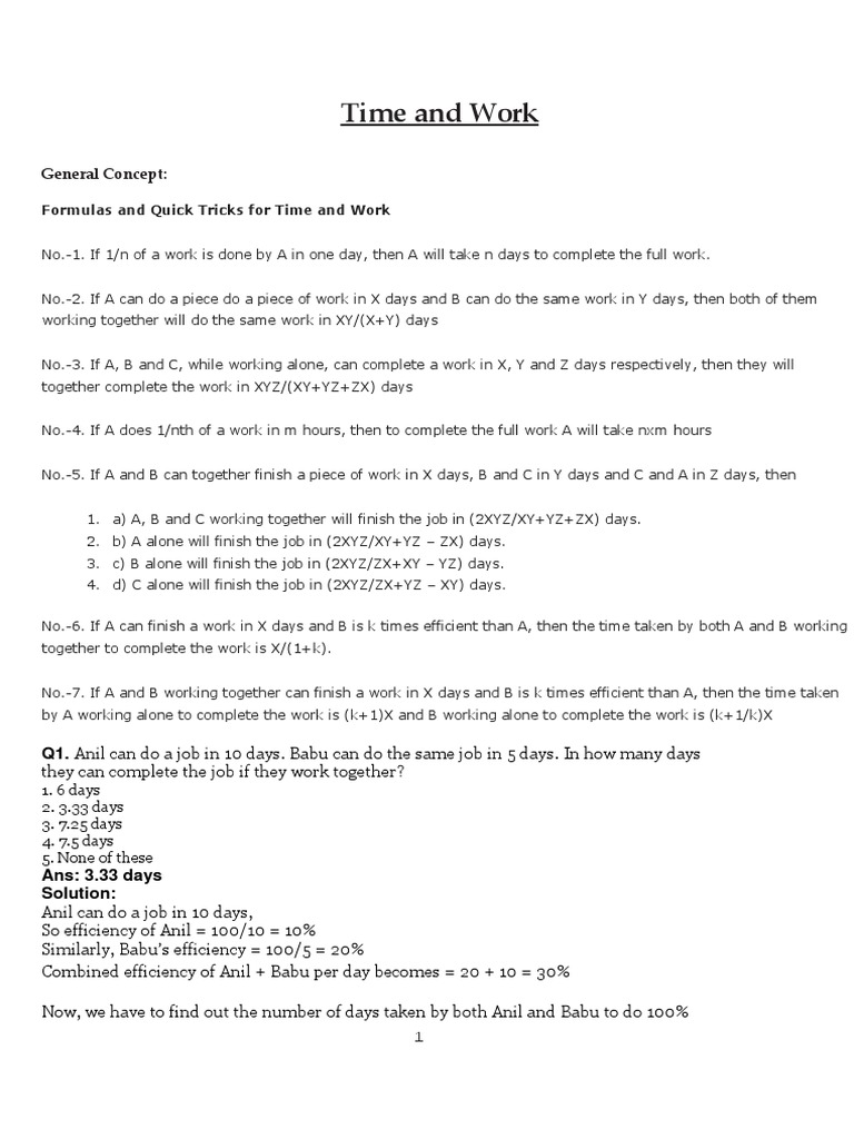 Time and Work Formulas and Examples | PDF | Language Arts & Discipline ...