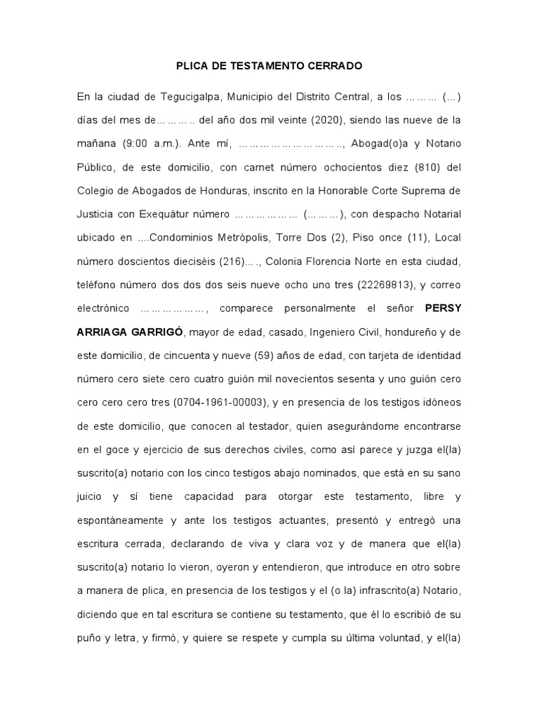 Testamento Cerrado | PDF | Voluntad y testamento | Derecho Civil ...
