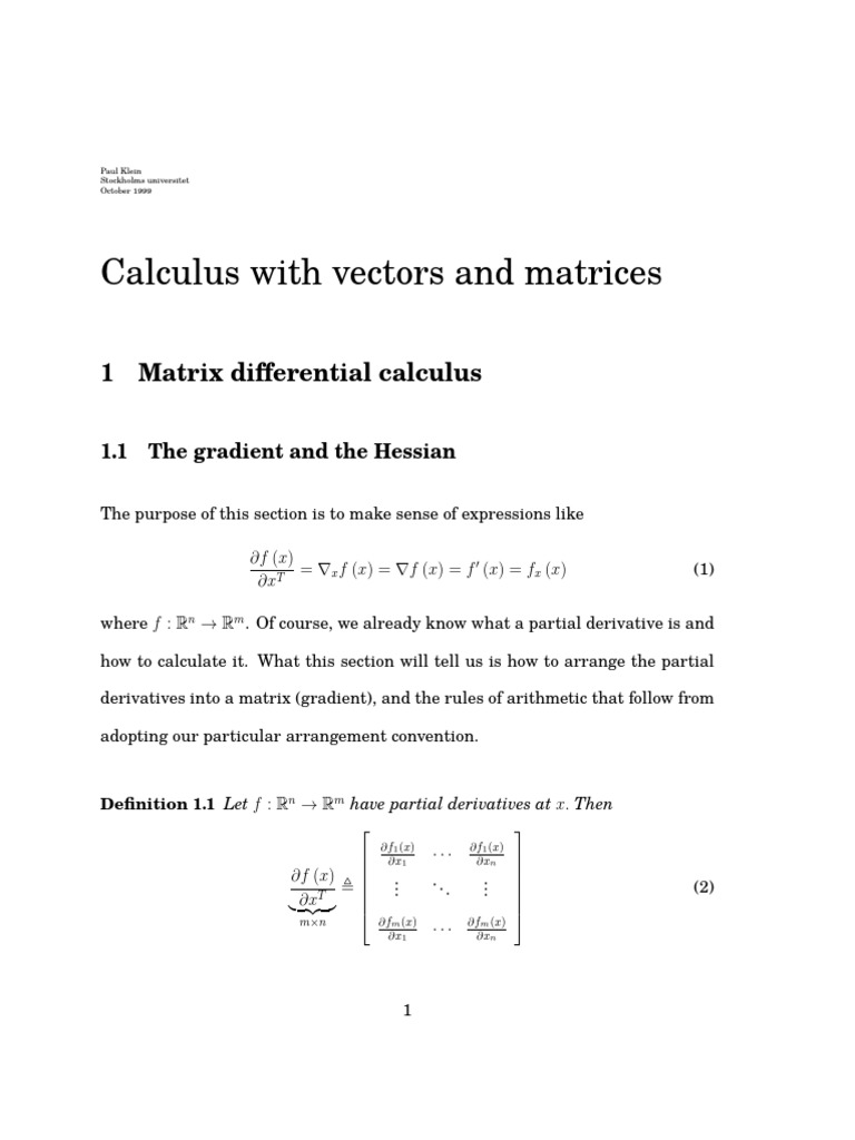 Calculus With Vectors and Matrices | PDF | Gradient | Derivative