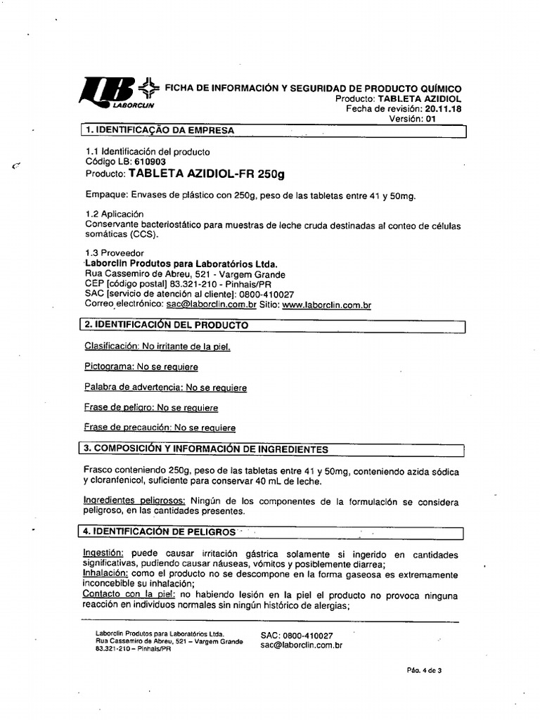 Ficha de Seguridad Tableta Azidiol 250g | PDF | Cloro | Agua