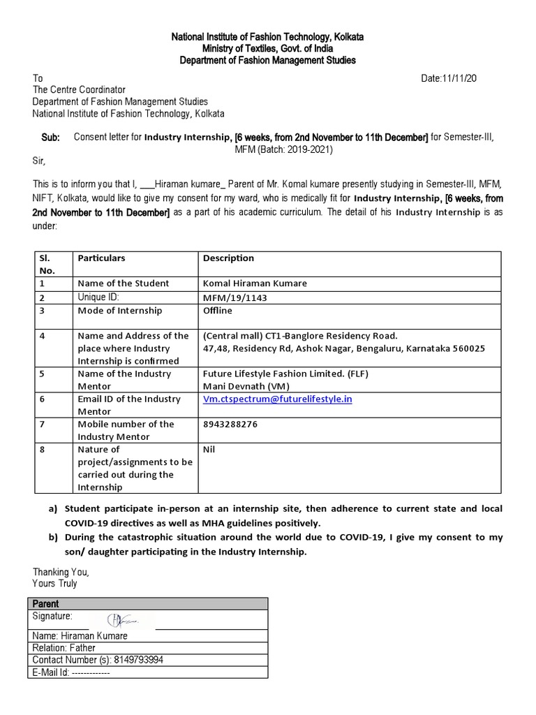 Internship Consent Letter for MFM Student | PDF | Business | Technology ...