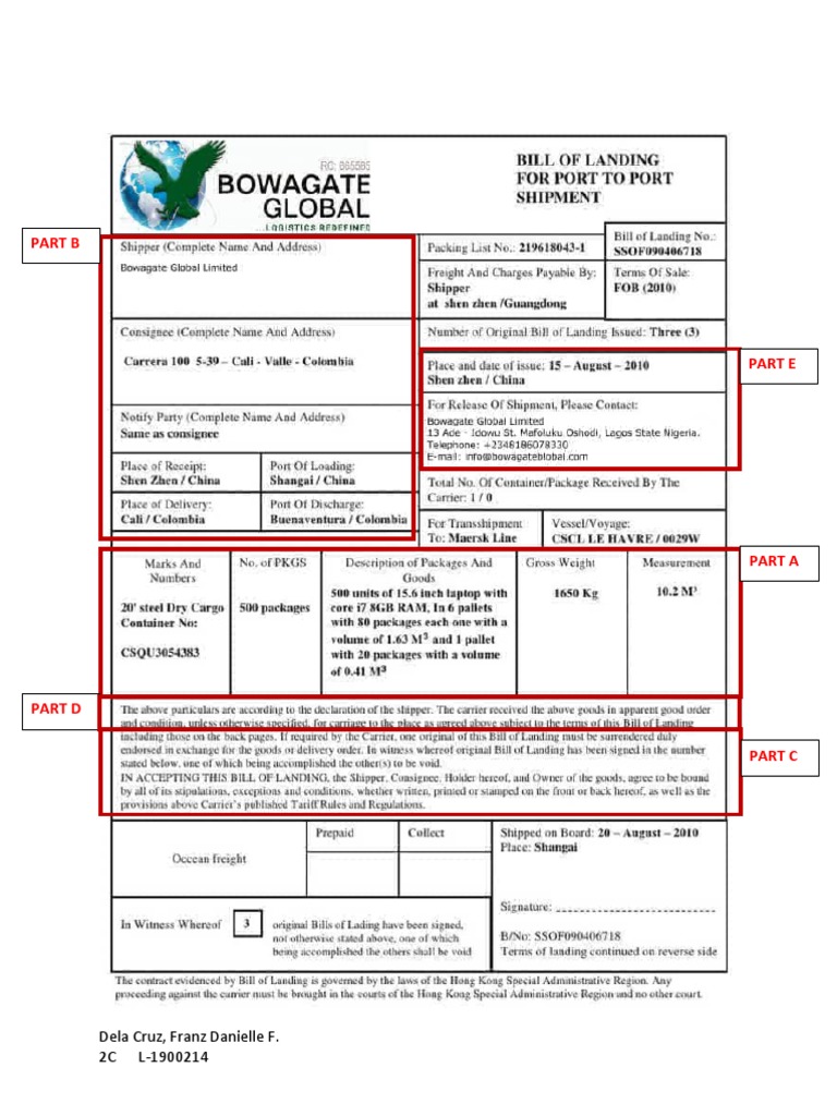 Bill of Lading Sample For Transpo Law With Annotations | PDF | Bill Of ...