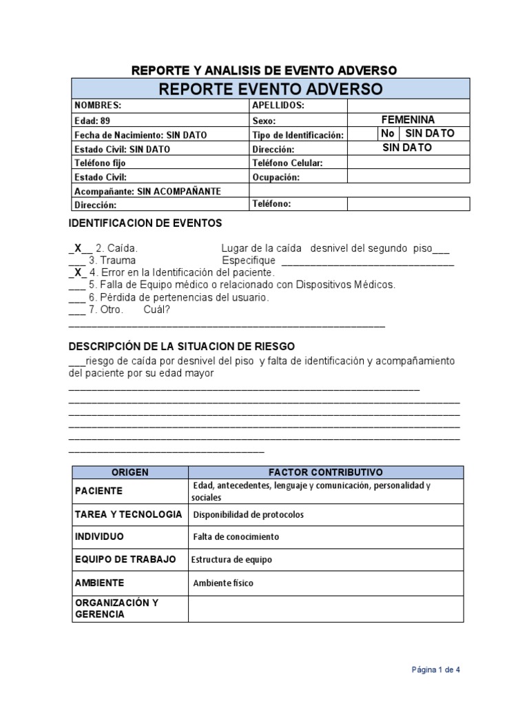 Formato Reporte y Analisis de Evento Adverso | PDF | Medicina | Medicina CLINICA