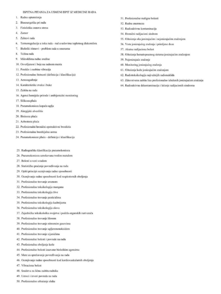 Ispitna Pitanja Medicina Rada | PDF
