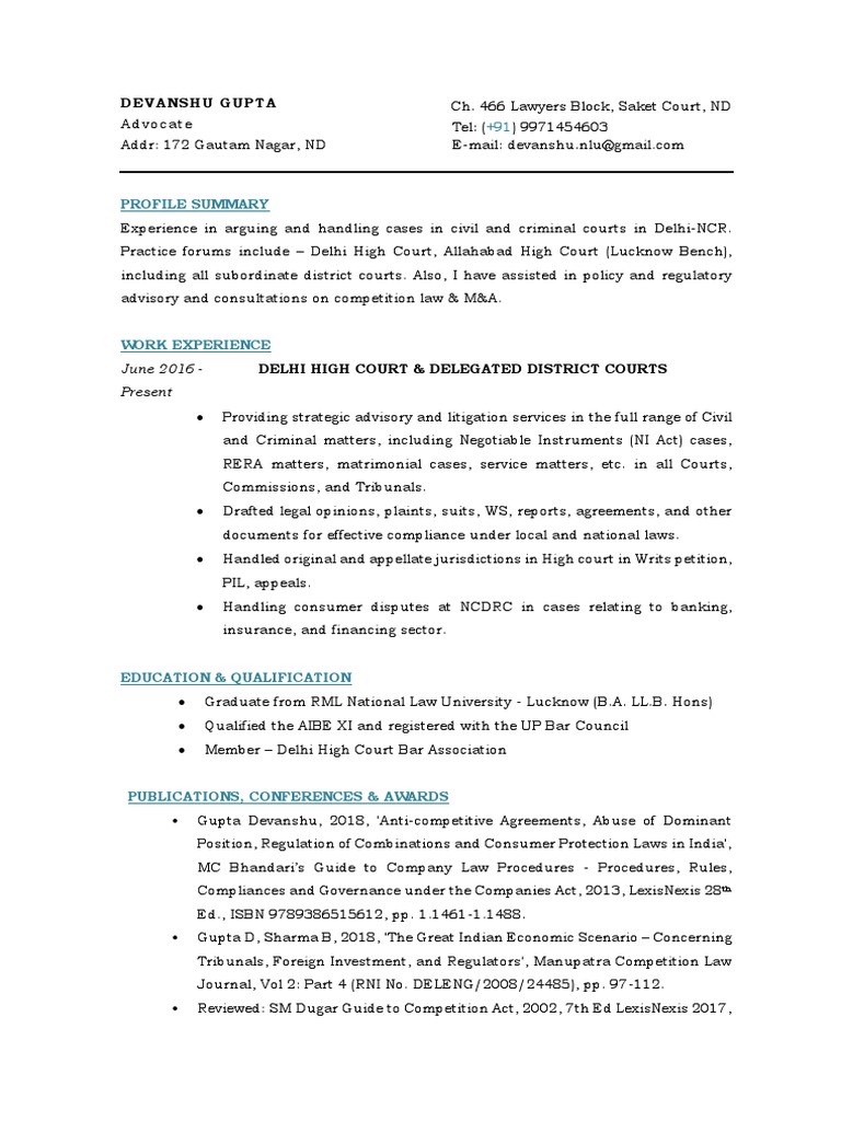 Profile Summary: Devanshu Gupta Ch. 466 Lawyers Block, Saket Court, ND | Download Free PDF ...