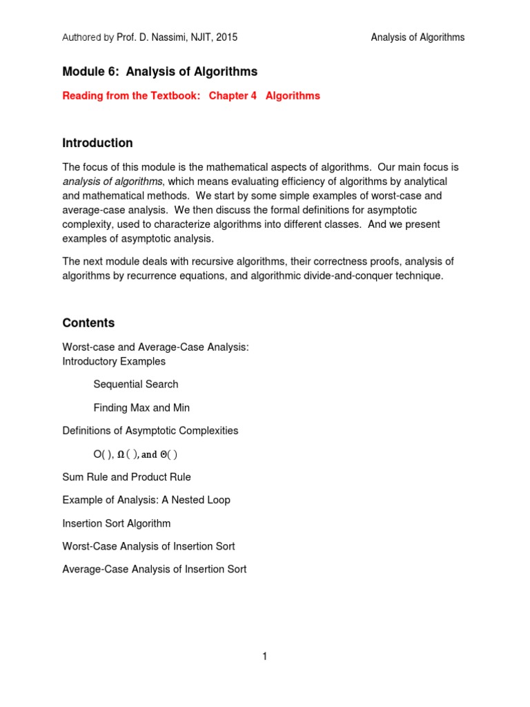 Module 6: Analysis of Algorithms: Reading From The Textbook: Chapter 4 ...