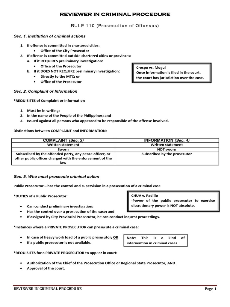 REVIEWER IN CRIMINAL PROCEDURE RULES 110 AND 111 | PDF | Bail | Plea