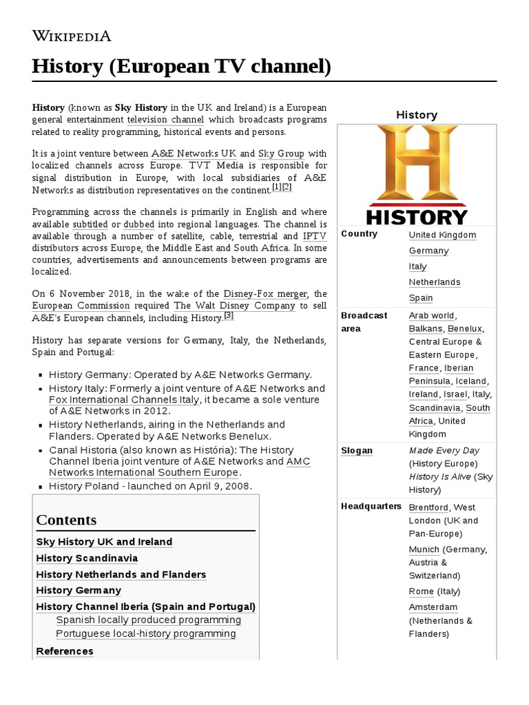 History (European TV Channel) : History (Known As Sky History in The UK ...