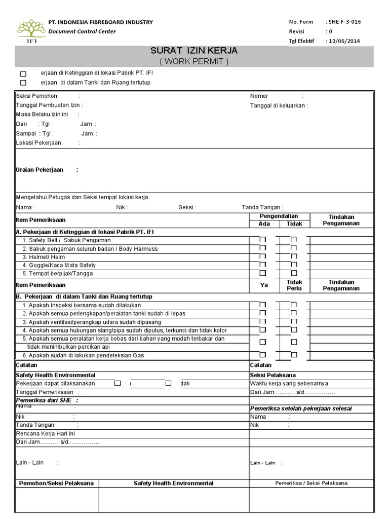 Contoh Formulir Work Permit K3 | PDF