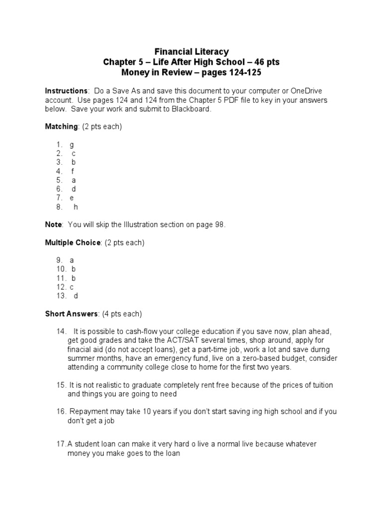 Financial Literacy Chapter 5 - Life After High School - 46 Pts Money in ...
