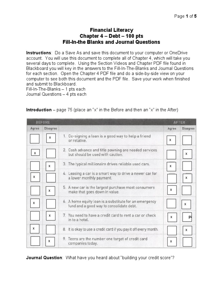 Financial Literacy Chapter 4 - Debt - 100 Pts Fill-In-the Blanks and ...