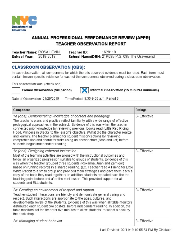 Annual Professional Performance Review (Appr) Teacher Observation ...