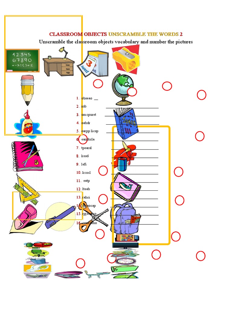 Unscramble Classroom Objects Worksheet | PDF | Science & Mathematics