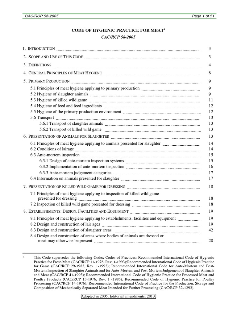 Code of Hygienic Practice For Meat | PDF | Food Safety | Meat