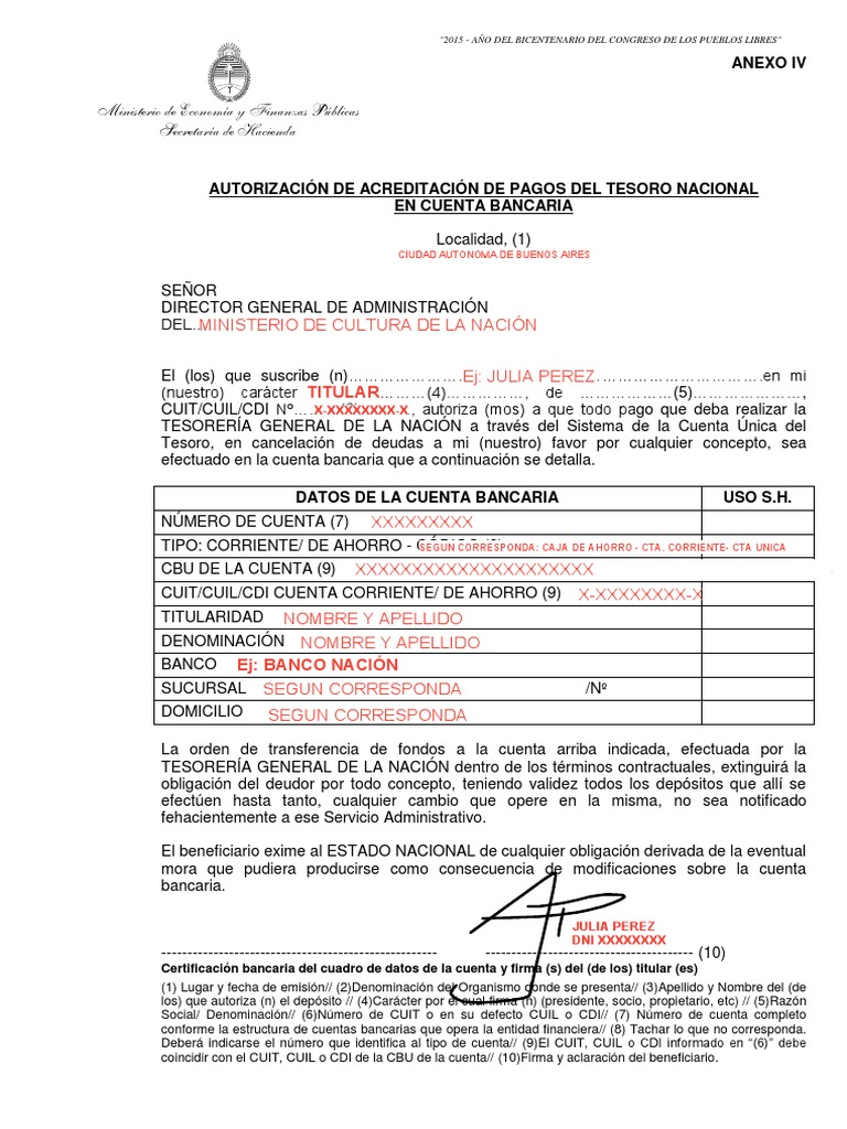 Ejemplo para Completar Anexo Cta Bancaria (Iv) | PDF | Bancos | Dinero