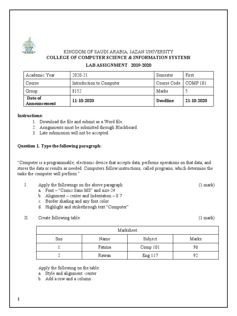 College of Computer Science & Information Systems LAB ASSIGNMENT 2019 ...