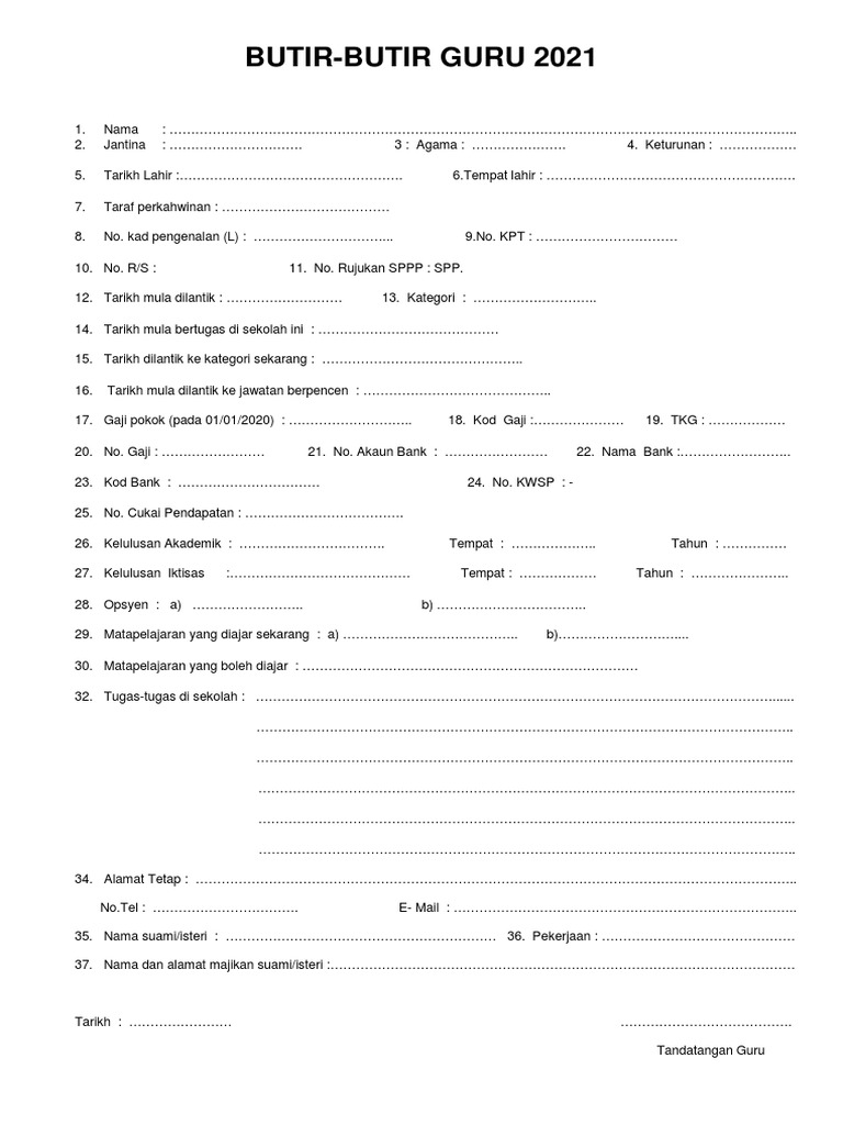 Template Butir Peribadi Guru Untuk BRM | PDF