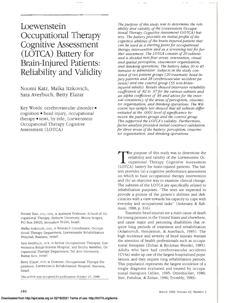 Loewenstein Occupational T Erapy Cognitive Assessment (LOTCA) Battery ...