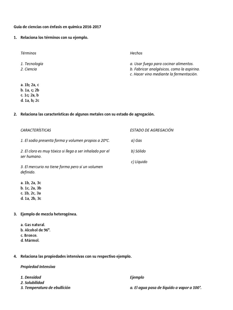 Guía de Ciencias Con Énfasis en Química Relaciona Los Términos Con Su ...