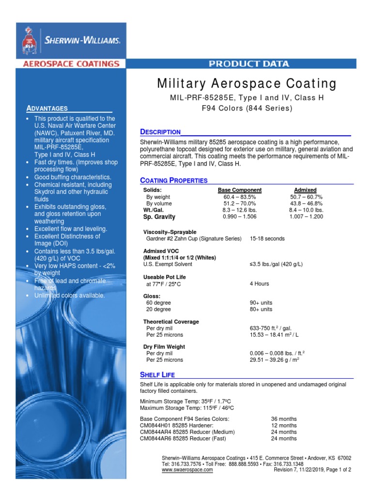 Military Aerospace Coating: MIL-PRF-85285E, Type I and IV, Class H F94 ...
