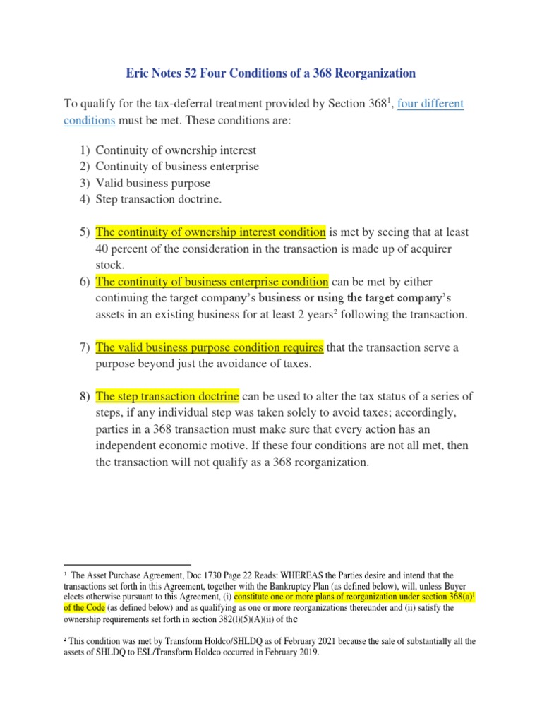 Eric Notes 52 Four Conditions of A 368 Reorganization | PDF