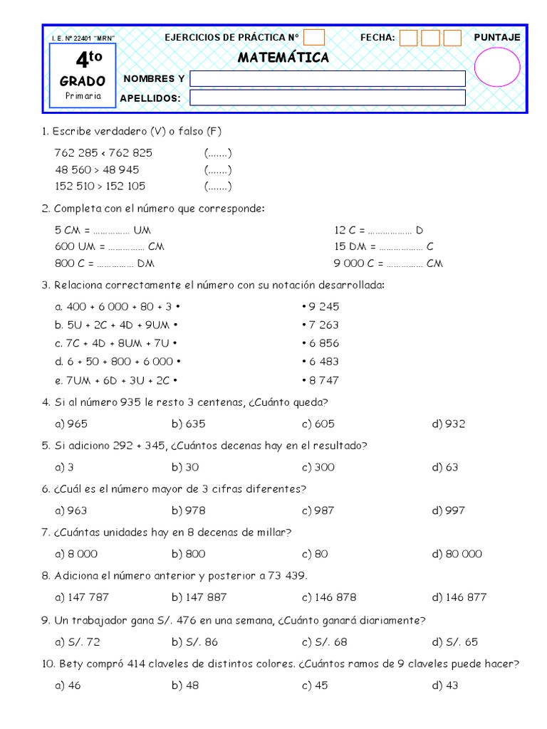 Evaluación de 4° Grado | PDF | Métodos y materiales de enseñanza