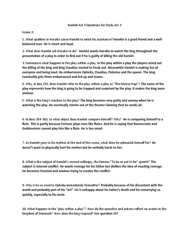 Hamlet Act 3 Questions For Scene 2 Answers | PDF | Hamlet | Plays Based ...