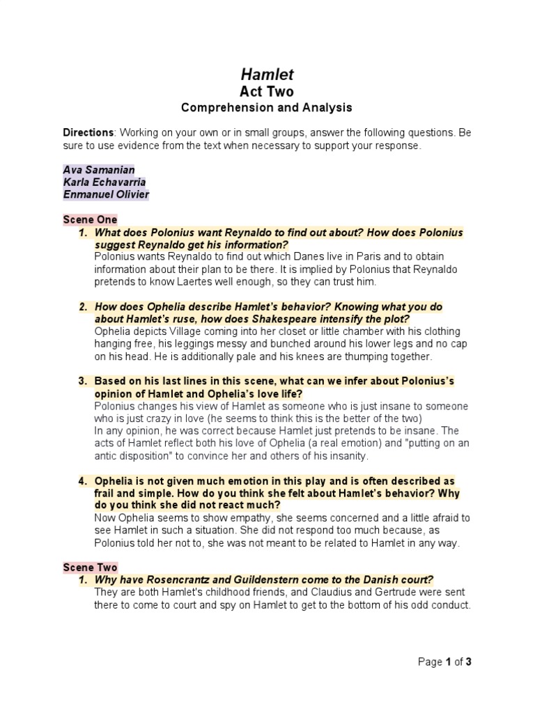 Hamlet, Act Two, Comprehension and Analysis | PDF | Hamlet ...