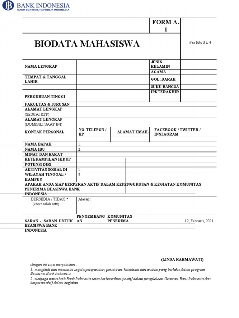 FORM A1 Pendaftaran Beasiswa BI | PDF