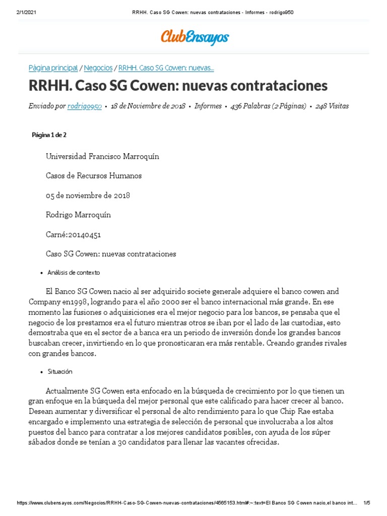 RRHH. Caso SG Cowen - Nuevas Contrataciones - Informes | Descargar ...