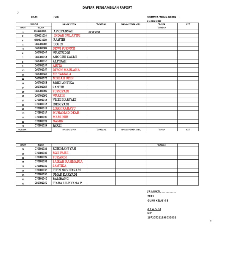Daftar Pengambilan-Raport | PDF