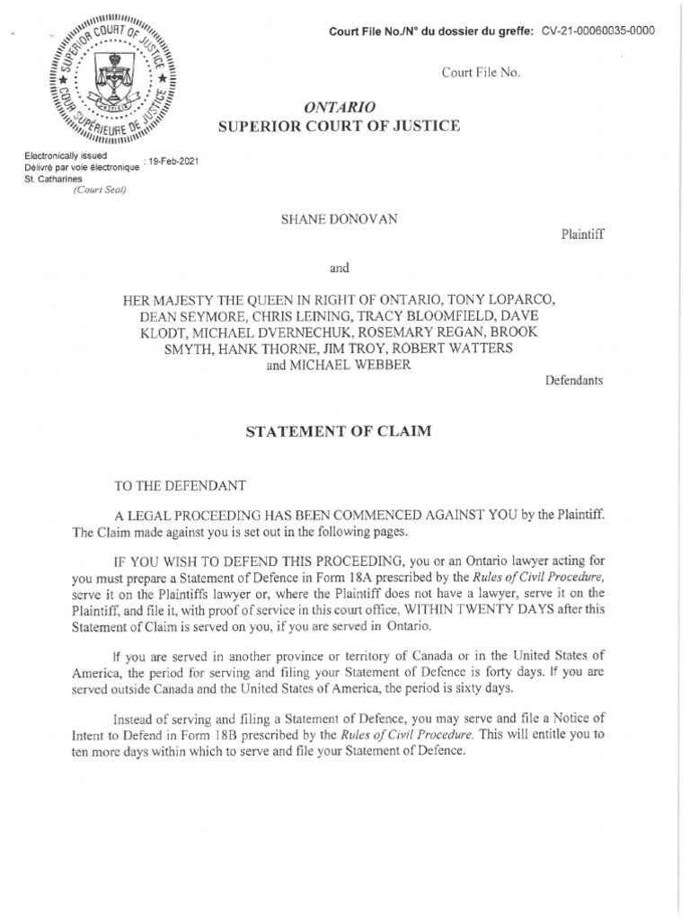 Donovan Statement of Claim Against The SIU | PDF
