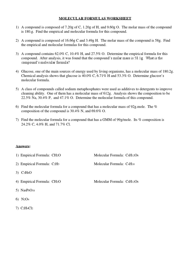 Molecular Formulas Worksheet | PDF