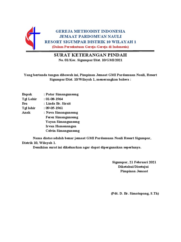 Surat Keterangan Pindah Jemaat GMI Pardomuan Nauli | PDF