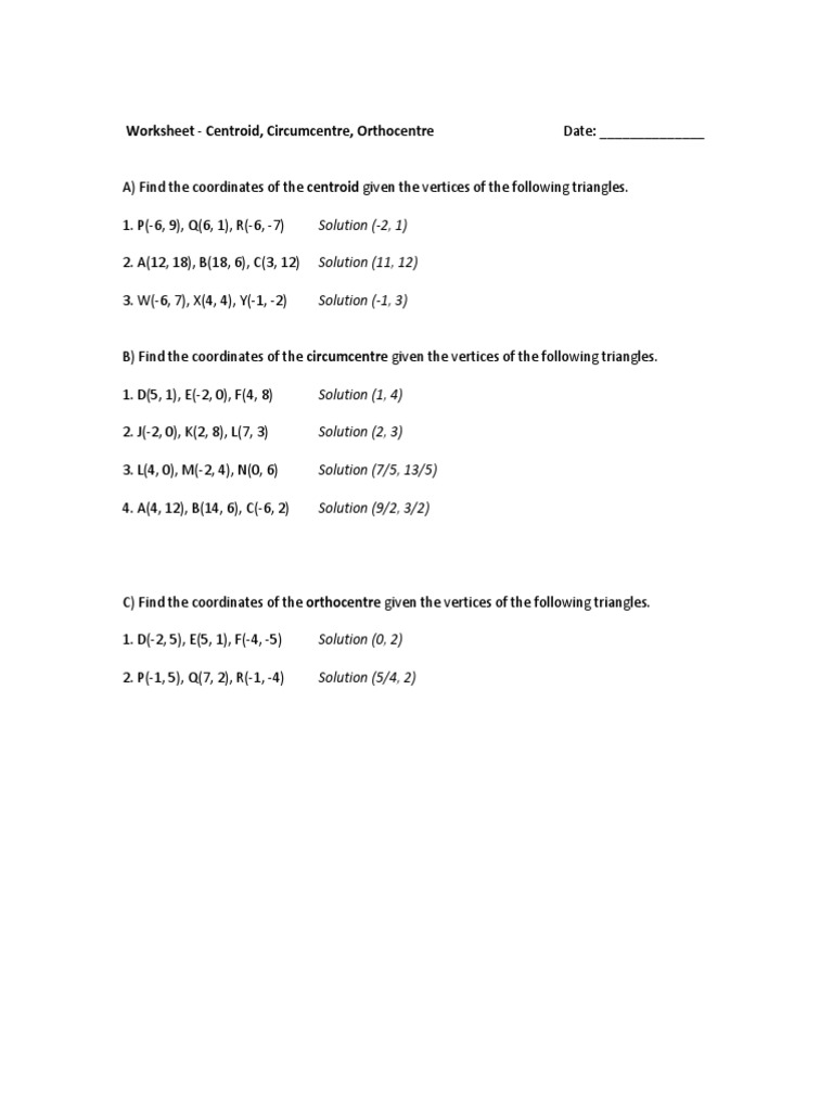 Worksheet - Centroid, Circumcentre, Orthocentre: Solution (-2, 1) | PDF