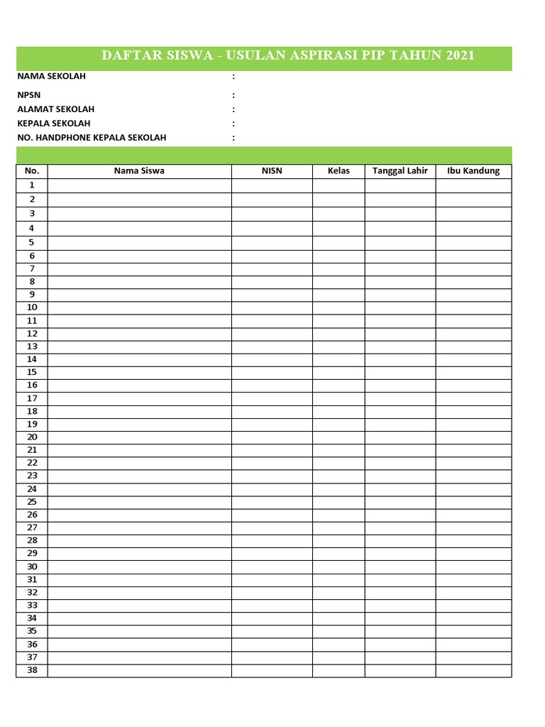 Format Usulan Siswa PIP 2021-Nama Sekolah | PDF