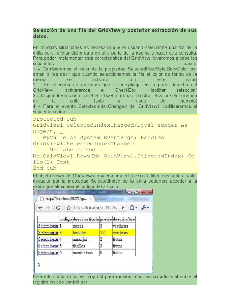 Selección de Una Fila Del GridView y Posterior Extracción de Sus Datos | PDF