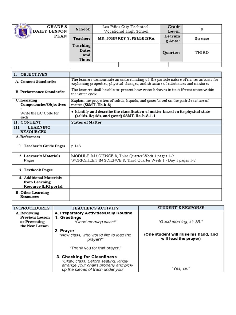 Grade 8 Daily Lesson Plan School: Grade Level: Teacher: Learnin G Area ...