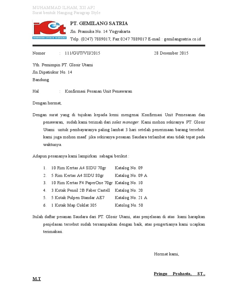 Surat Bentuk Hanging Paragrap Style Bahasa Indonesia (Muhammad Ilham) | PDF