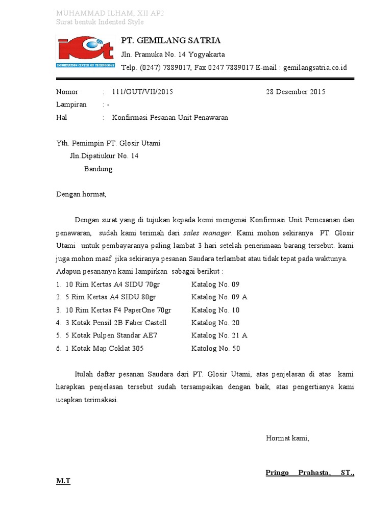 Surat Bentuk Indented Style Bahasa Indonesia (Muhammad Ilham) | PDF