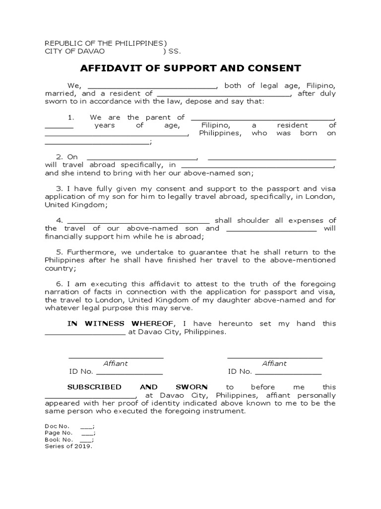 Affidavit of Support and Consent - Template | PDF
